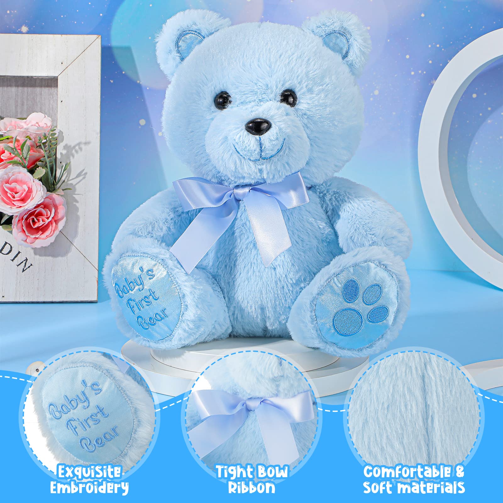 Chalyna 10 Inch Bear Stuffed Animal First Bear Baby Shower Bear Plush Toy for Wedding Birthday Baby Shower Party Favor Gift(Blue)