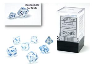 chessex dice set – 10mm borealis light blue luminary polyhedral dice set – dungeons and dragons d&d dnd ttrpg dice – includes 7 dice - d4 d6 d8 d10 d12 d20 d%, (chx20581)