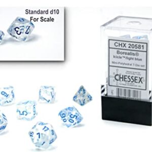 Chessex Dice Set – 10mm Borealis Light Blue Luminary Polyhedral Dice Set – Dungeons and Dragons D&D DND TTRPG Dice – Includes 7 Dice - D4 D6 D8 D10 D12 D20 D%, (CHX20581)