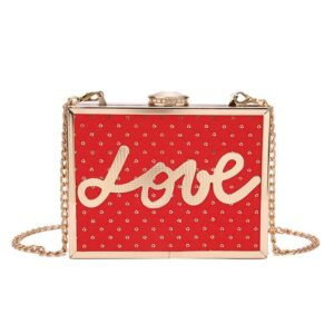 sequin evening lock chain bag love letters box shaped shoulder bag (red)