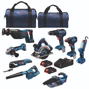 bosch gxl18v-901b25 18v 9-tool combo kit 2-in-1 bit/socket impact driver, hammer drill/driver, recip saw, circ saw, oscillating tool, angle grinder, vacuum, worklight, (2) core18v 4 ah batteries