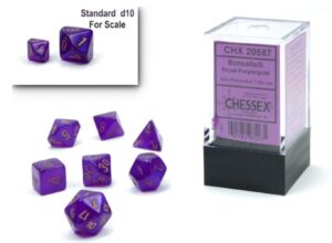 chessex dice set – 10mm borealis purple/gold luminary polyhedral dice set – dungeons and dragons d&d dnd ttrpg dice – includes 7 dice - d4 d6 d8 d10 d12 d20 d% (chx20587)