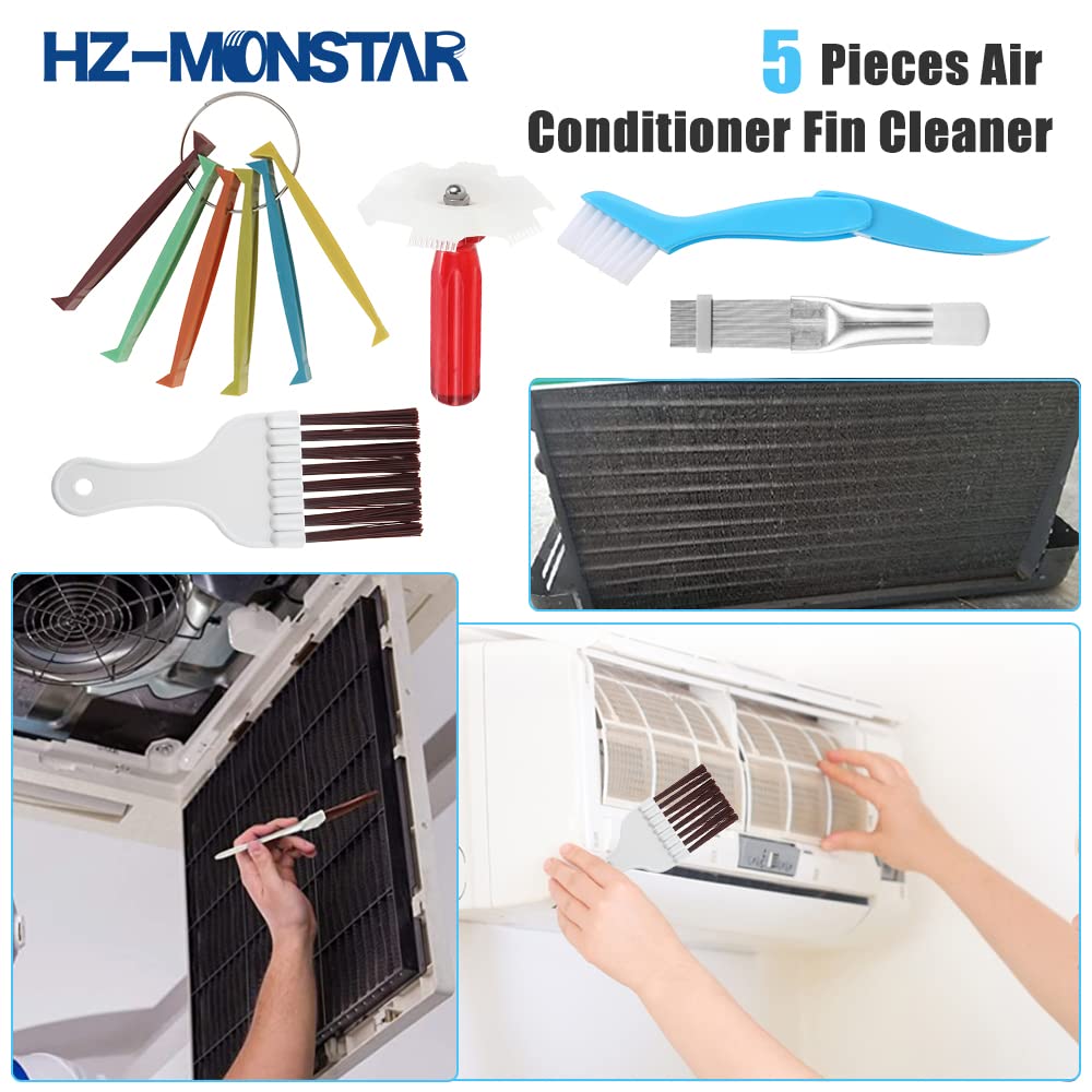 HZ-MONSTAR 5pcs Air Conditioner Fin Cleaner Set Fin Straightener and 2 Different Brush Condenser 3 Different Fin Comb Condenser Complete Category Evaporator Radiator Repair Clean Set