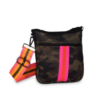 Haute Shore - Jeri Showoff Crossbody Tote Camo Green W/Orange & Pink Stripe