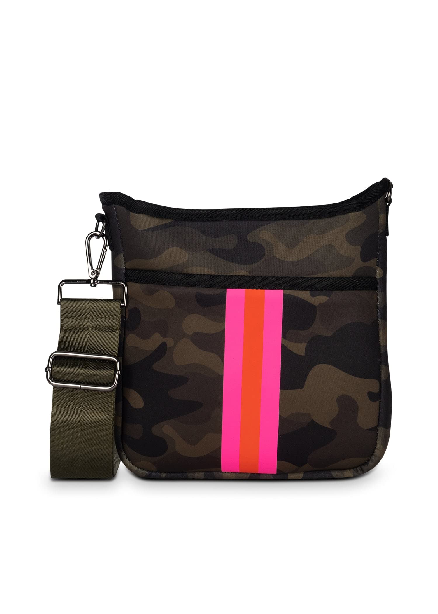 Haute Shore - Jeri Showoff Crossbody Tote Camo Green W/Orange & Pink Stripe