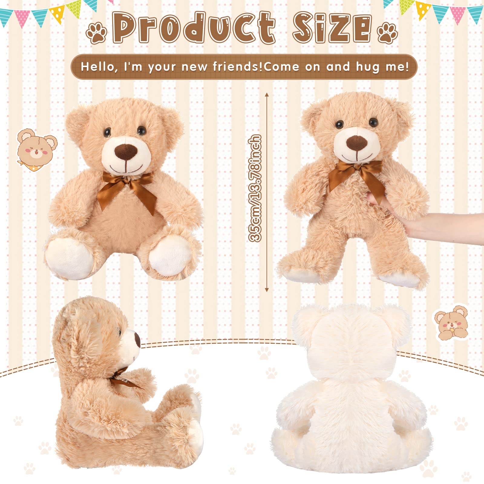 Zhanmai 12 Pcs 14 Inch Bear Stuffed Animal Bulk Plush Stuffed Bear for Baby Shower 2024 Graduation Gifts Birthday Party Favors Birthday Wedding Party Decorations(Light Brown, Khaki and White)