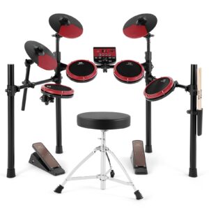 mustar electronic drum set, electric drum sets for beginners with 8" mesh drum pads, 10" cymbals, kick pedal, drum stool, drum sticks, usb midi connectivity, 180 sounds & 15 kits (4 pads, 3 cymbals)