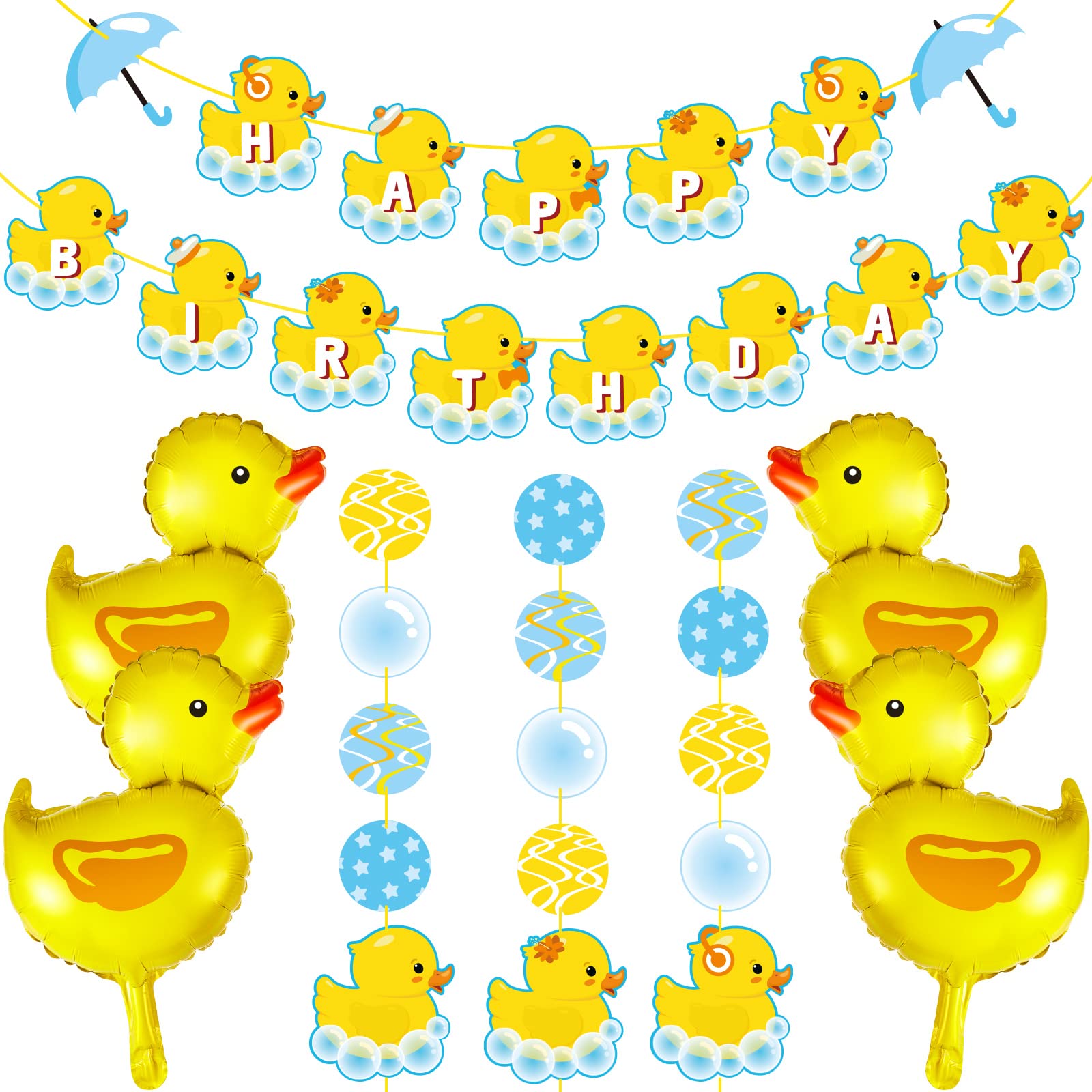 9 Pcs Duck Birthday Decorations, Duck Balloons, Yellow Ducky Garland, Long Duck Bubble Bath Hanging Cutouts Ducky Birthday Banner Duck Shape Foil Balloon for Duck Birthday Baby Shower Party Decoration