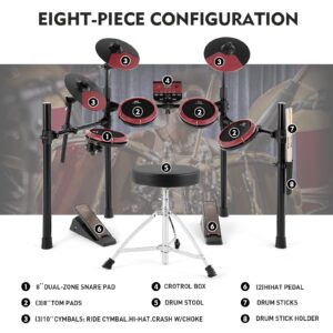 MUSTAR Electronic Drum Set, Electric Drum Sets for Beginners with 8" Mesh Drum Pads, 10" Cymbals, Kick Pedal, Drum Stool, Drum Sticks, USB MIDI Connectivity, 180 Sounds & 15 Kits (4 Pads, 3 Cymbals)