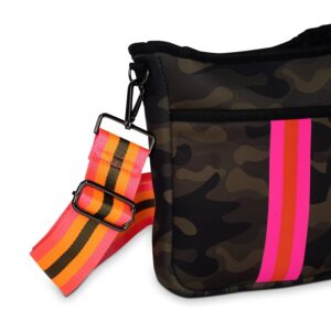 Haute Shore - Jeri Showoff Crossbody Tote Camo Green W/Orange & Pink Stripe