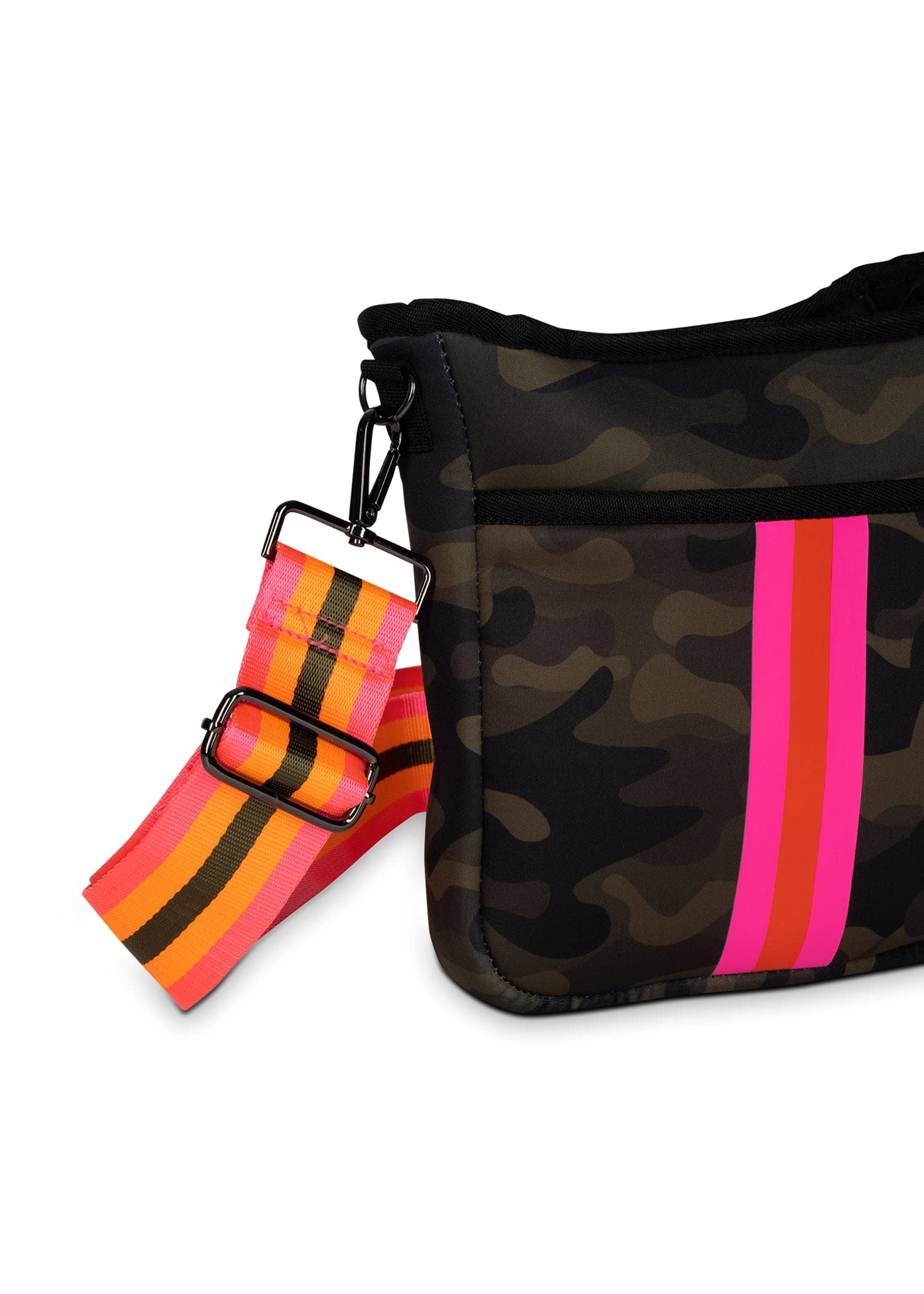 Haute Shore - Jeri Showoff Crossbody Tote Camo Green W/Orange & Pink Stripe