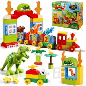 dinosaur building blocks toys,jurassic theme building blocks,with a counting train,a big t-rex,and three dinosaurs,compatible with all major brands, gift for kids toddlers boys girls age 3,4,5,6,7,8+