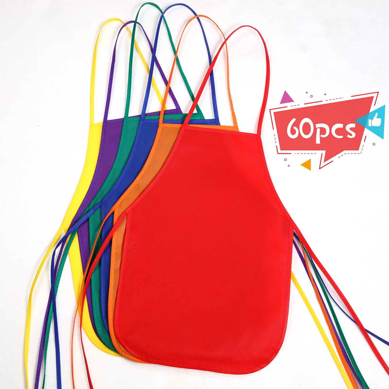 Yahenda 60 Pack Kids Painting Aprons Children's Artists Fabric Aprons Paint Apron Art Craft Aprons Disposable Child Apron(Red, Orange, Yellow, Green, Blue and Purple)