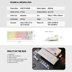 FANTECH MAXFIT67 3-Mode Custom Mechanical Gaming Keyboard RGB Backlit, 65% (67-Key) Hot Swappable Type-C Wired South Facing Mechanical Keyboard, Yellow Switch, White