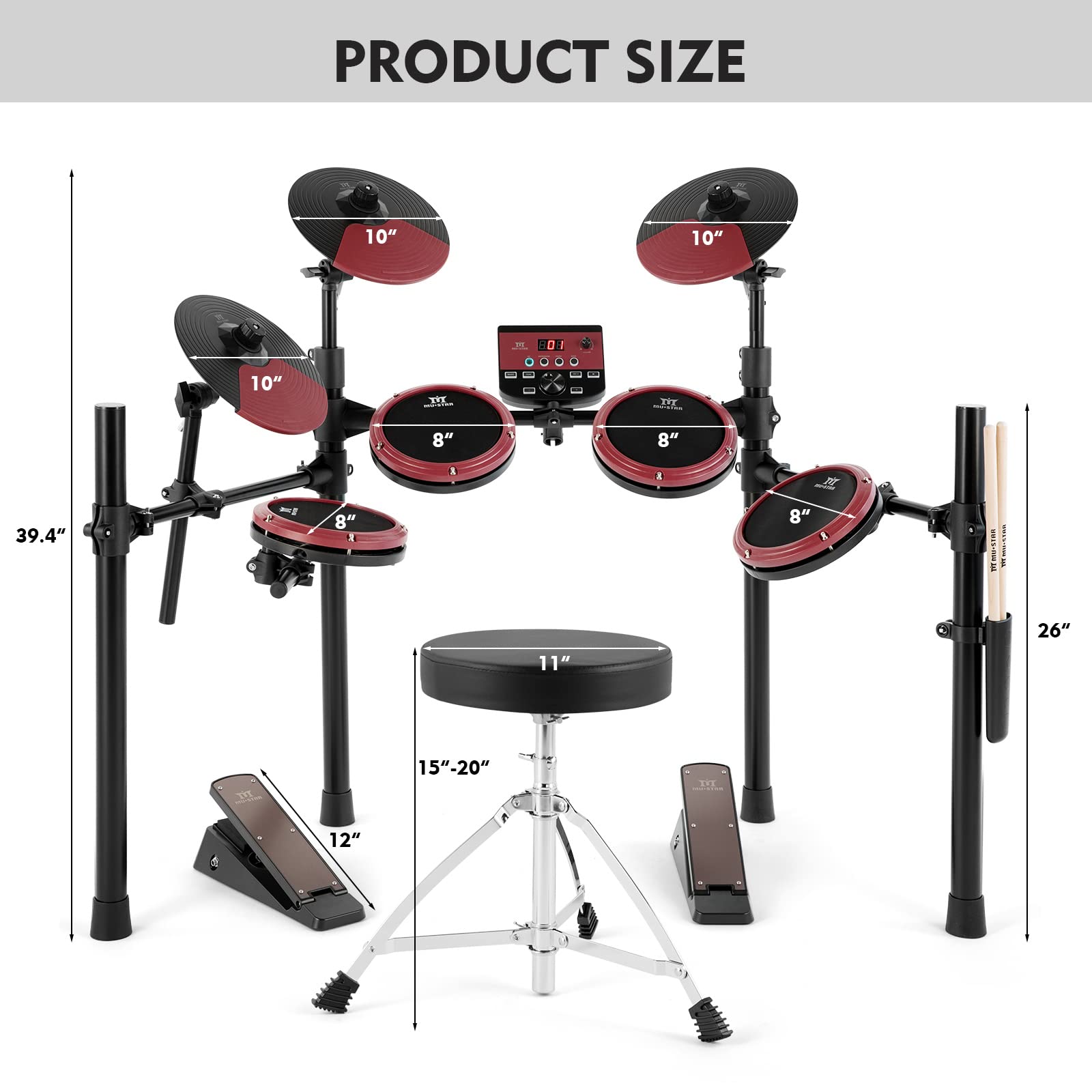 MUSTAR Electronic Drum Set, Electric Drum Sets for Beginners with 8" Mesh Drum Pads, 10" Cymbals, Kick Pedal, Drum Stool, Drum Sticks, USB MIDI Connectivity, 180 Sounds & 15 Kits (4 Pads, 3 Cymbals)