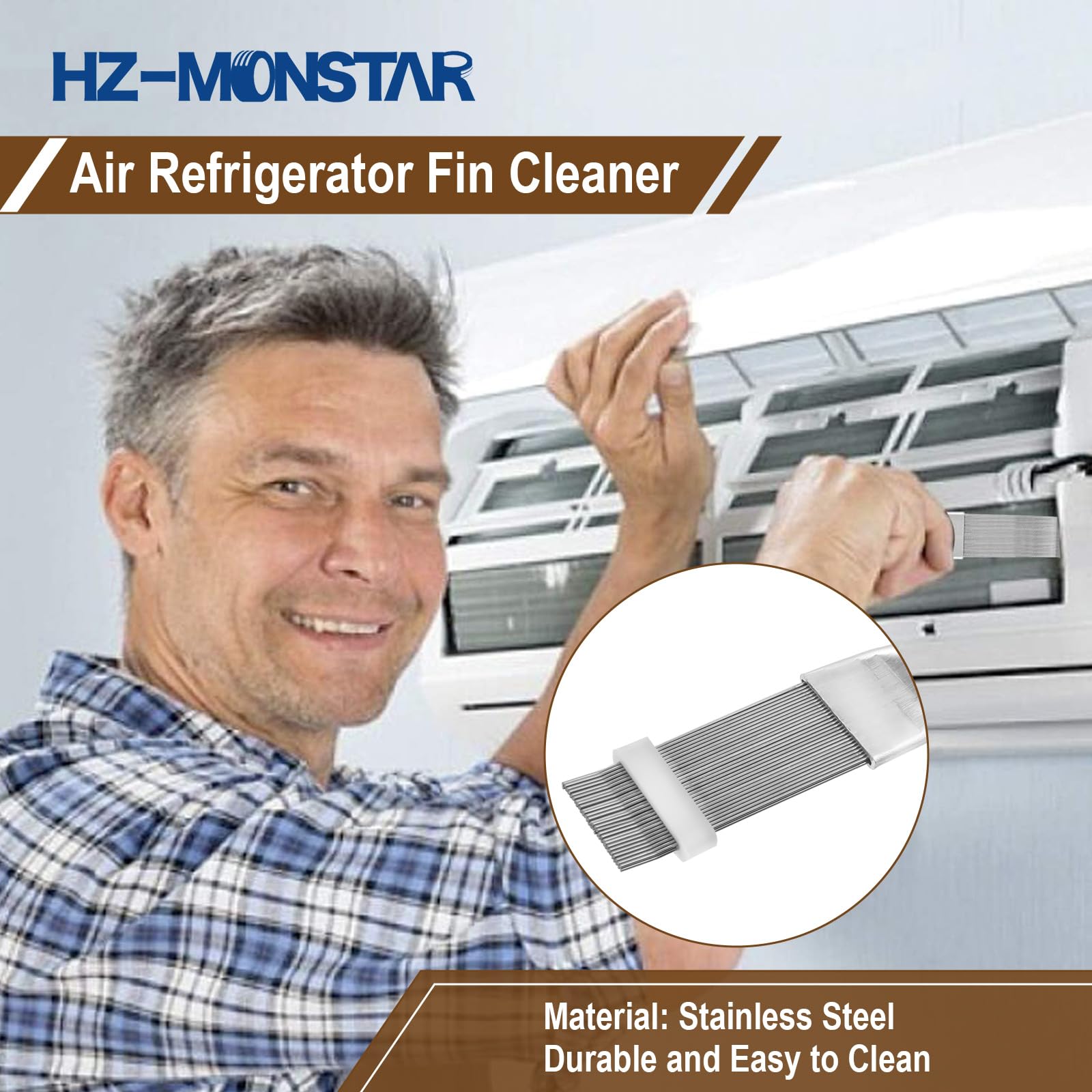 HZ-MONSTAR 4 Pcs Air Conditioner Condenser Fin Cleaning Brush, Coil Condenser Brush AC Fin Comb, Stainless Steel Air Refrigerator Fin Cleaner Whisk Brush Evaporator Radiator Repair Tool