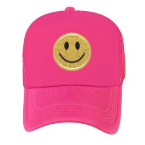 lycycse smile face hat womens mesh neon trucker hats with sequins smile patch preppy hat retro baseball cap