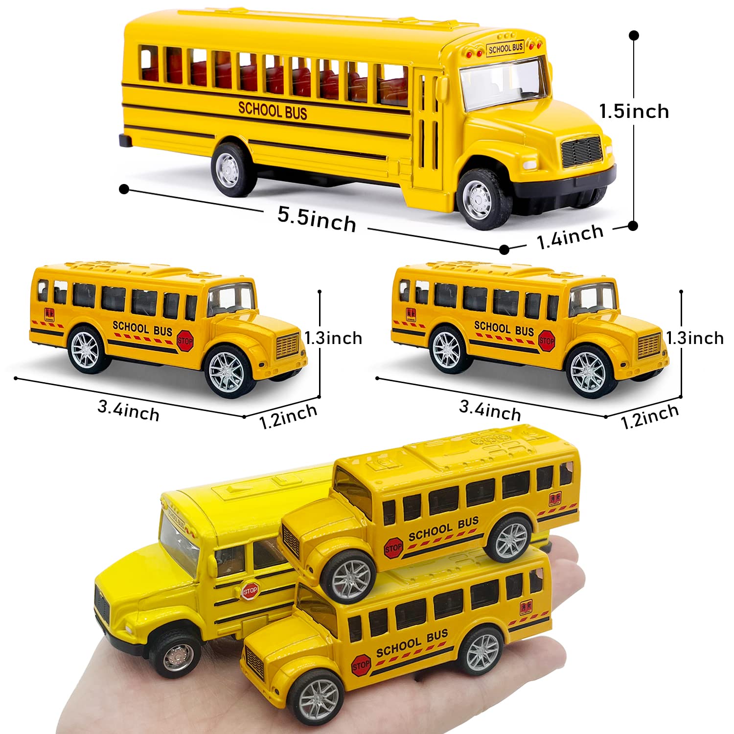 FANELEQU 3 Pack Pull Back School Bus Playset, Die-cast Metal Toy Vehicles with Bright Yellow for Boys Girls Kids Toddlers