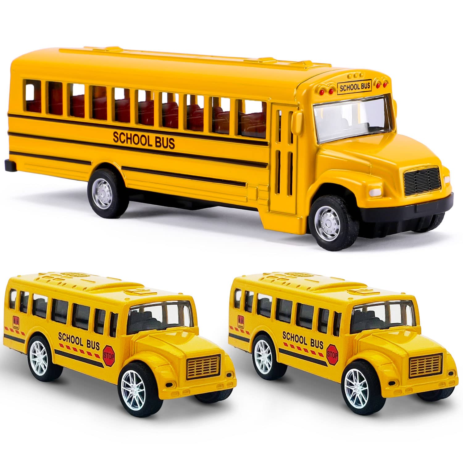 FANELEQU 3 Pack Pull Back School Bus Playset, Die-cast Metal Toy Vehicles with Bright Yellow for Boys Girls Kids Toddlers