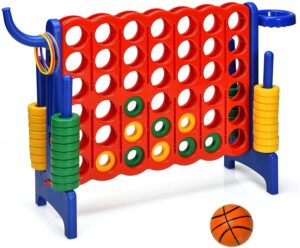 giantex 4 in a row connect game, jumbo 4 to score game set w/ 42 chess rings, basketball & hoop, toss rings & quick-release lever, indoor & outdoor family party game for kids & adults