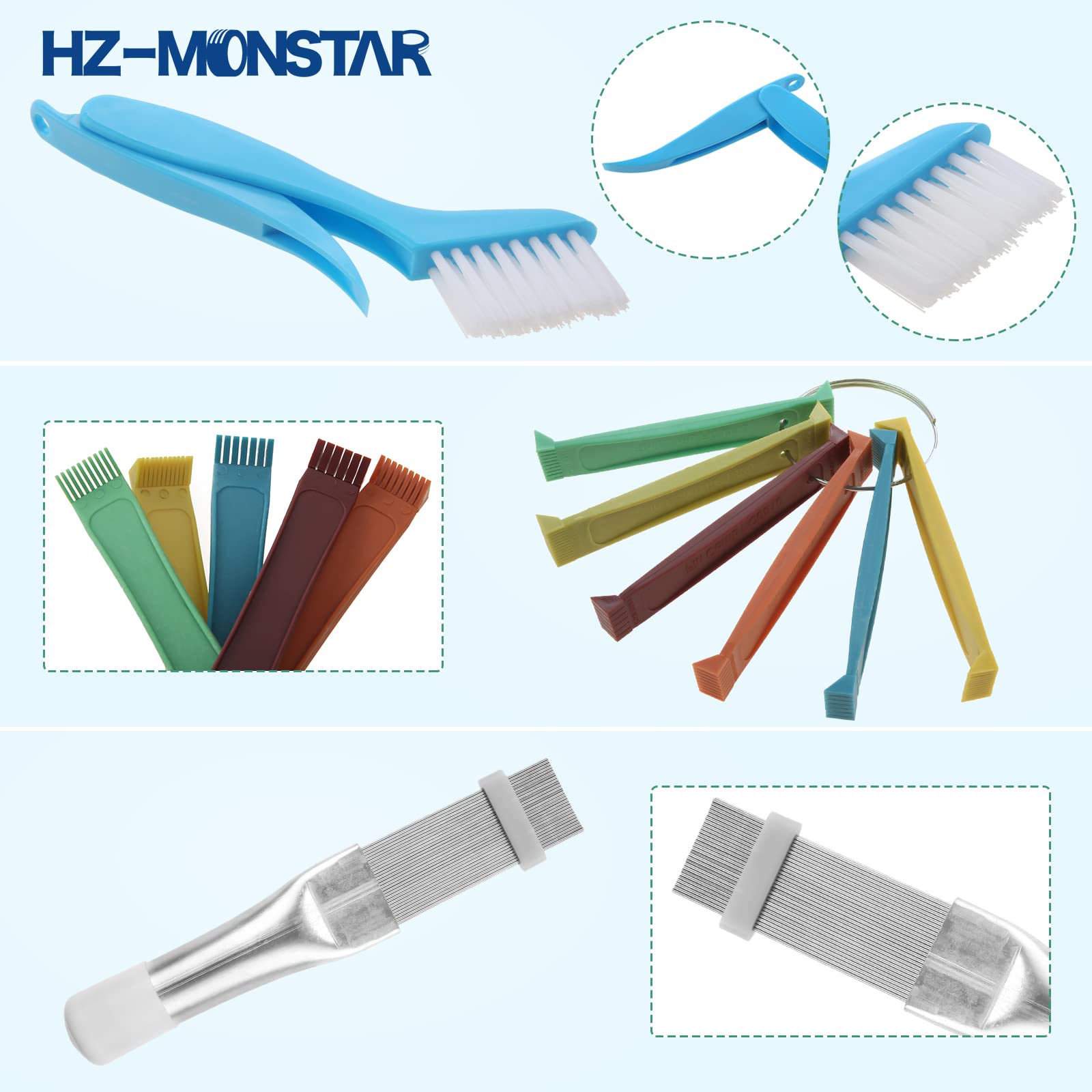 HZ-MONSTAR 5pcs Air Conditioner Fin Cleaner Set Fin Straightener and 2 Different Brush Condenser 3 Different Fin Comb Condenser Complete Category Evaporator Radiator Repair Clean Set