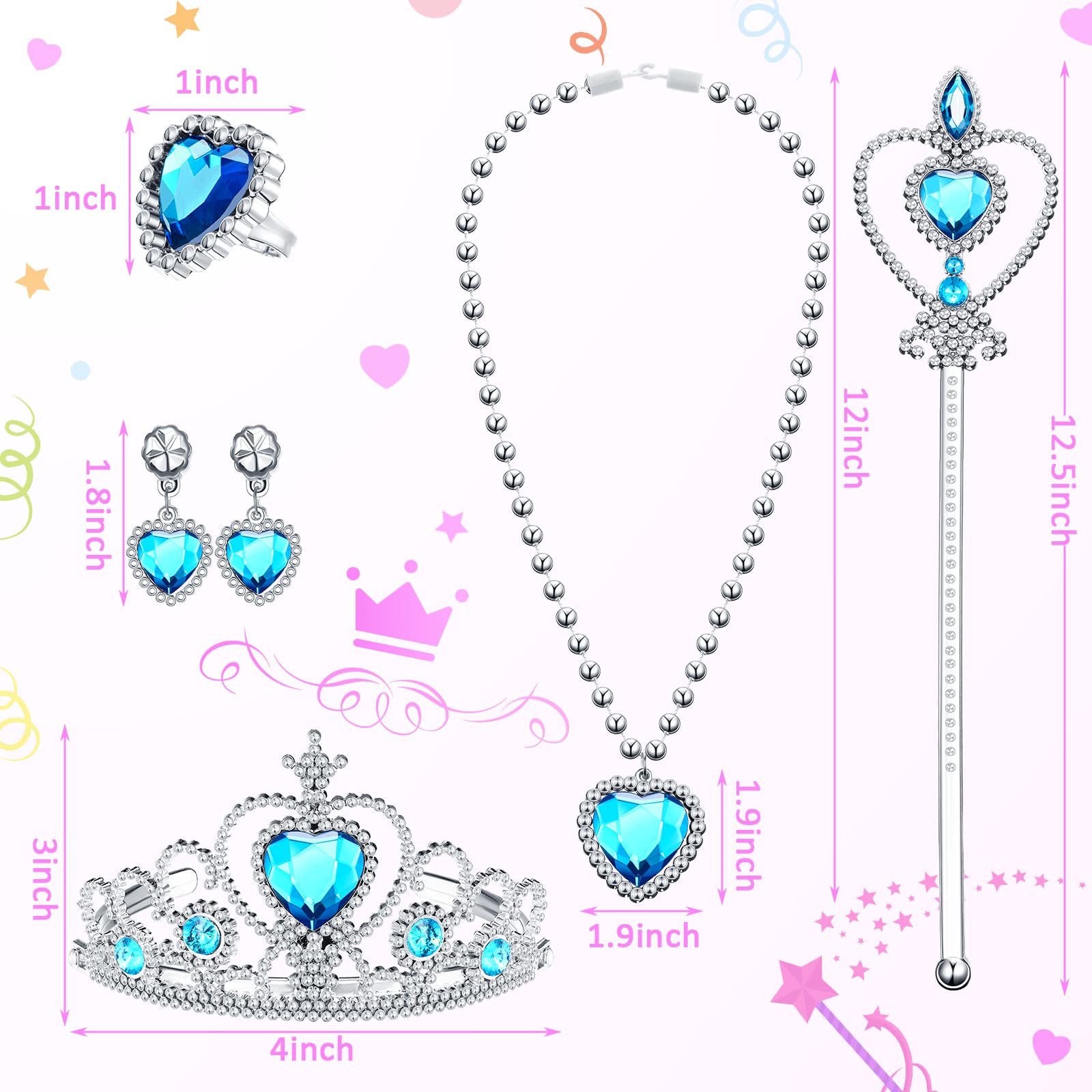 Chunyin 12 Princess Jewelry Toys Princess Pretend Play Set Princess Jewelry Party Favors Costume Jewelry for Girls Dress up Party Favors, Crown Wand Ring Earring Necklace, 4 Colors