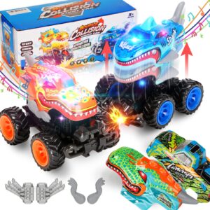 kkmon exploding monster truck toy with interchangeable dinosaur and shark bodies, lights & sounds,2 pack of light up monster truck for boys age 3 and 4-7,toddler car toys gift