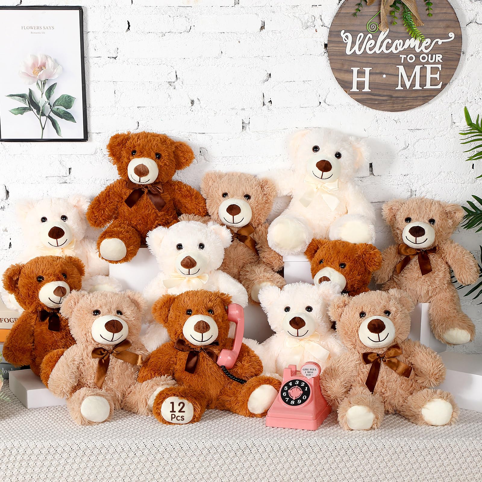 Zhanmai 12 Pcs 14 Inch Bear Stuffed Animal Bulk Plush Stuffed Bear for Baby Shower 2024 Graduation Gifts Birthday Party Favors Birthday Wedding Party Decorations(Light Brown, Khaki and White)