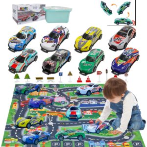 jumping stunt car, flips pull back car die cast car sets for boys 3+ with play mat traffic icon kids metal friction power racing 8 pcs, model car barricade alloy mini bounce car, boys birthday gift