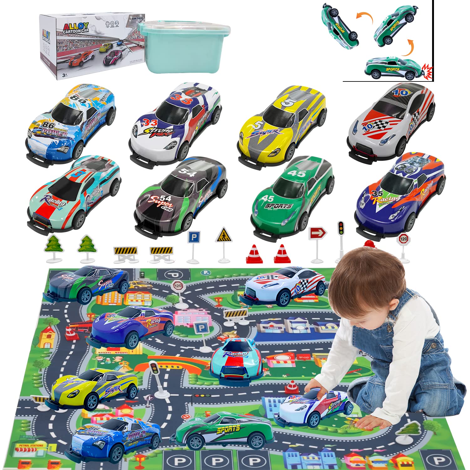 Jumping Stunt Car, Flips Pull Back Car Die Cast Car Sets for Boys 3+ with Play Mat Traffic Icon Kids Metal Friction Power Racing 8 Pcs, Model Car Barricade Alloy Mini Bounce Car, Boys Birthday Gift