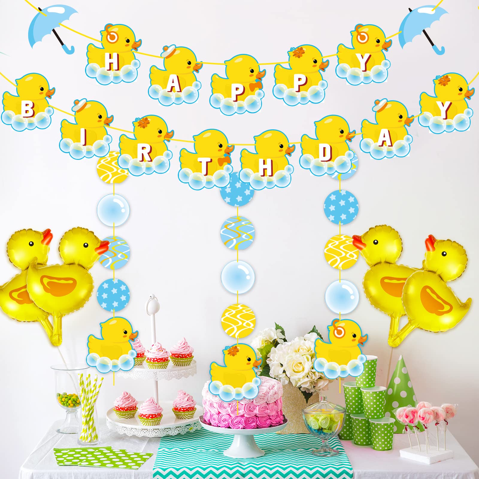 9 Pcs Duck Birthday Decorations, Duck Balloons, Yellow Ducky Garland, Long Duck Bubble Bath Hanging Cutouts Ducky Birthday Banner Duck Shape Foil Balloon for Duck Birthday Baby Shower Party Decoration