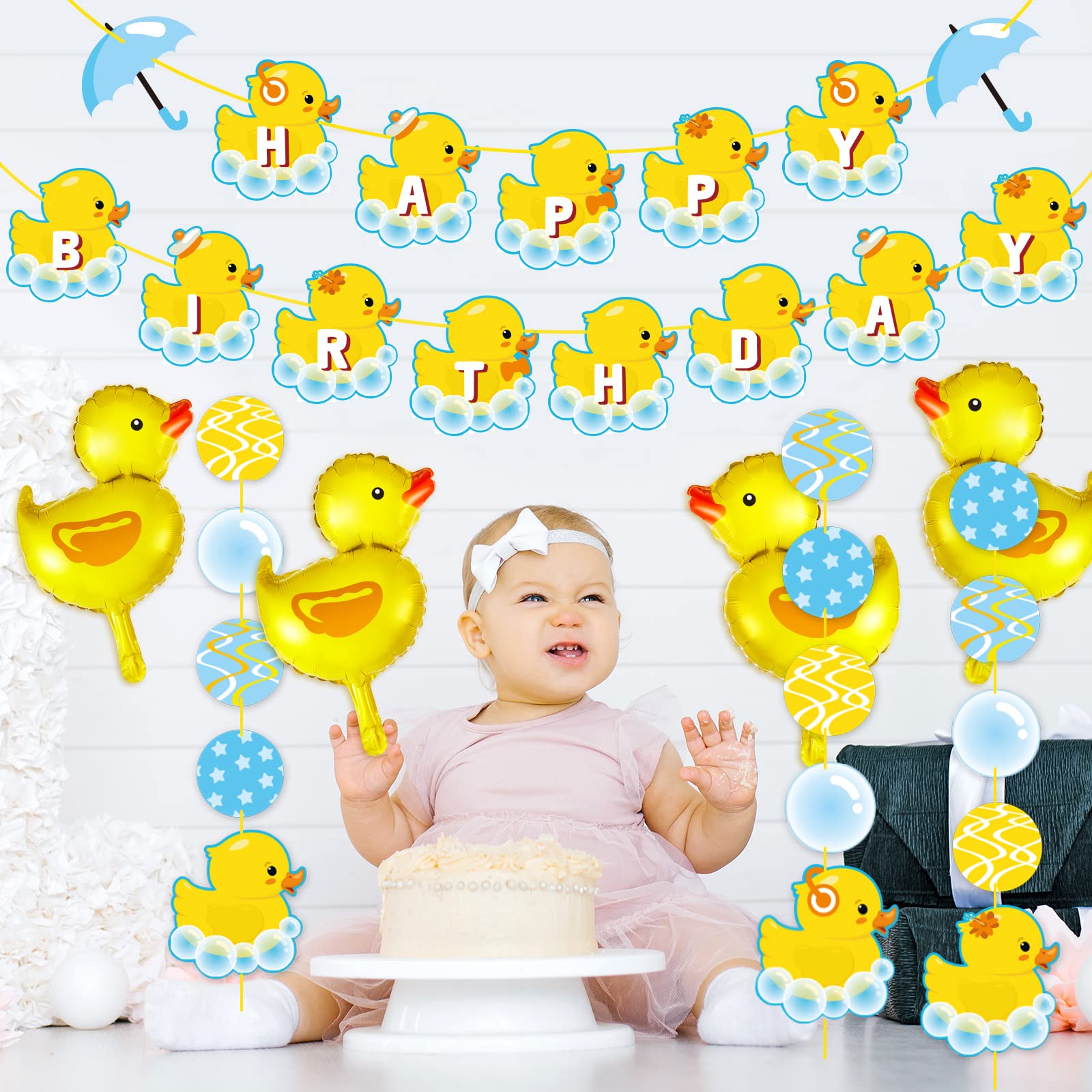 9 Pcs Duck Birthday Decorations, Duck Balloons, Yellow Ducky Garland, Long Duck Bubble Bath Hanging Cutouts Ducky Birthday Banner Duck Shape Foil Balloon for Duck Birthday Baby Shower Party Decoration