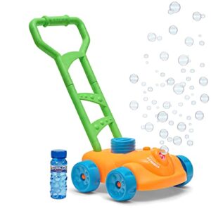 little kids fubbles no spill bubble lawn mower | includes 4oz non tox refill solution | automatic bubble blower machine | toddler outdoor bubble toy, orange