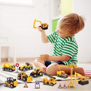 Oriate Construction Car Toys for Kids, Die Cast Construction Vehicles Toy Set Educational Mini Flatbed Trailer Excavator Bulldozer Forklift Trucks Road Signs, Birthday Gift Toys