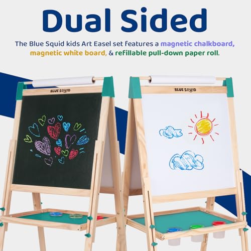 Blue Squid Art Easel for Kids Including 100+ Accessories - Double Sided Adjustable Wooden Painting Easel with Magnetic Chalk Board, White Board and Paper Roll for Toddlers Ages 3,4,5,6,7,8,9,10,12