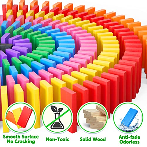 PEBIRA Large Dominoes for Kids, Wooden Dominos Set Include 200 PCS Colorful Domino Blocks, 11 Add-on Tricks and 1 Storage Bag, Bulk Building Dominoes