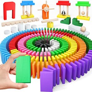 pebira large dominoes for kids, wooden dominos set include 200 pcs colorful domino blocks, 11 add-on tricks and 1 storage bag, bulk building dominoes