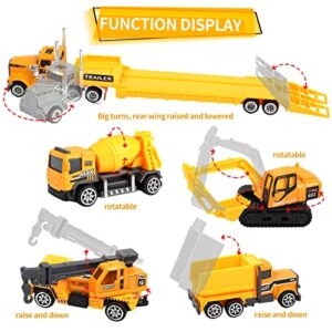 Oriate Construction Car Toys for Kids, Die Cast Construction Vehicles Toy Set Educational Mini Flatbed Trailer Excavator Bulldozer Forklift Trucks Road Signs, Birthday Gift Toys