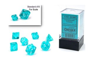 chessex dice set – 10mm translucent teal/white plastic polyhedral dice set – dungeons and dragons d&d dnd ttrpg dice – includes 7 dice - d4 d6 d8 d10 d12 d20 d%