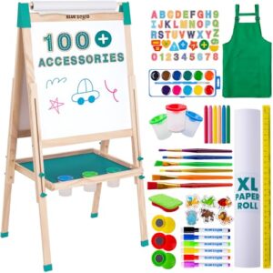 blue squid art easel for kids including 100+ accessories - double sided adjustable wooden painting easel with magnetic chalk board, white board and paper roll for toddlers ages 3,4,5,6,7,8,9,10,12