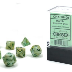 Chessex Dice Set – 10mm Marble Green/Dark Green Plastic Polyhedral Dice Set – Dungeons and Dragons D&D DND TTRPG Dice – Includes 7 Dice - D4 D6 D8 D10 D12 D20 D% (CHX20409)