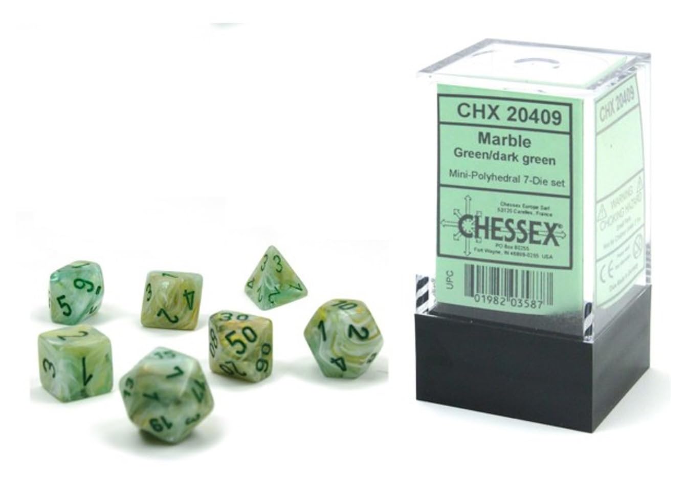 Chessex Dice Set – 10mm Marble Green/Dark Green Plastic Polyhedral Dice Set – Dungeons and Dragons D&D DND TTRPG Dice – Includes 7 Dice - D4 D6 D8 D10 D12 D20 D% (CHX20409)