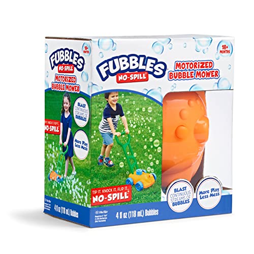 Little Kids FUBBLES NO Spill Bubble Lawn Mower | Includes 4oz Non Tox Refill Solution | Automatic Bubble Blower Machine | Toddler Outdoor Bubble Toy, Orange