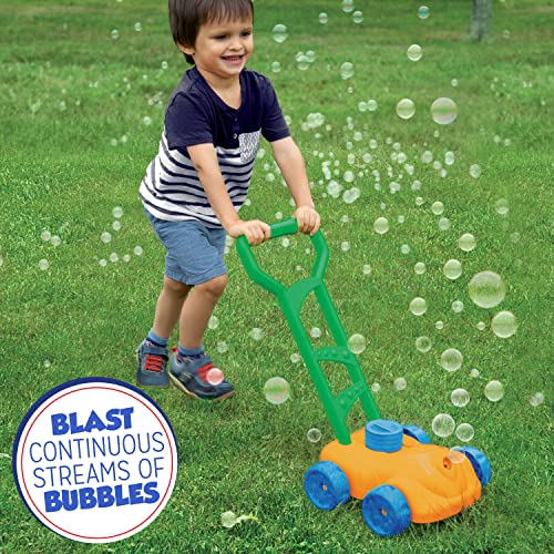 Little Kids FUBBLES NO Spill Bubble Lawn Mower | Includes 4oz Non Tox Refill Solution | Automatic Bubble Blower Machine | Toddler Outdoor Bubble Toy, Orange