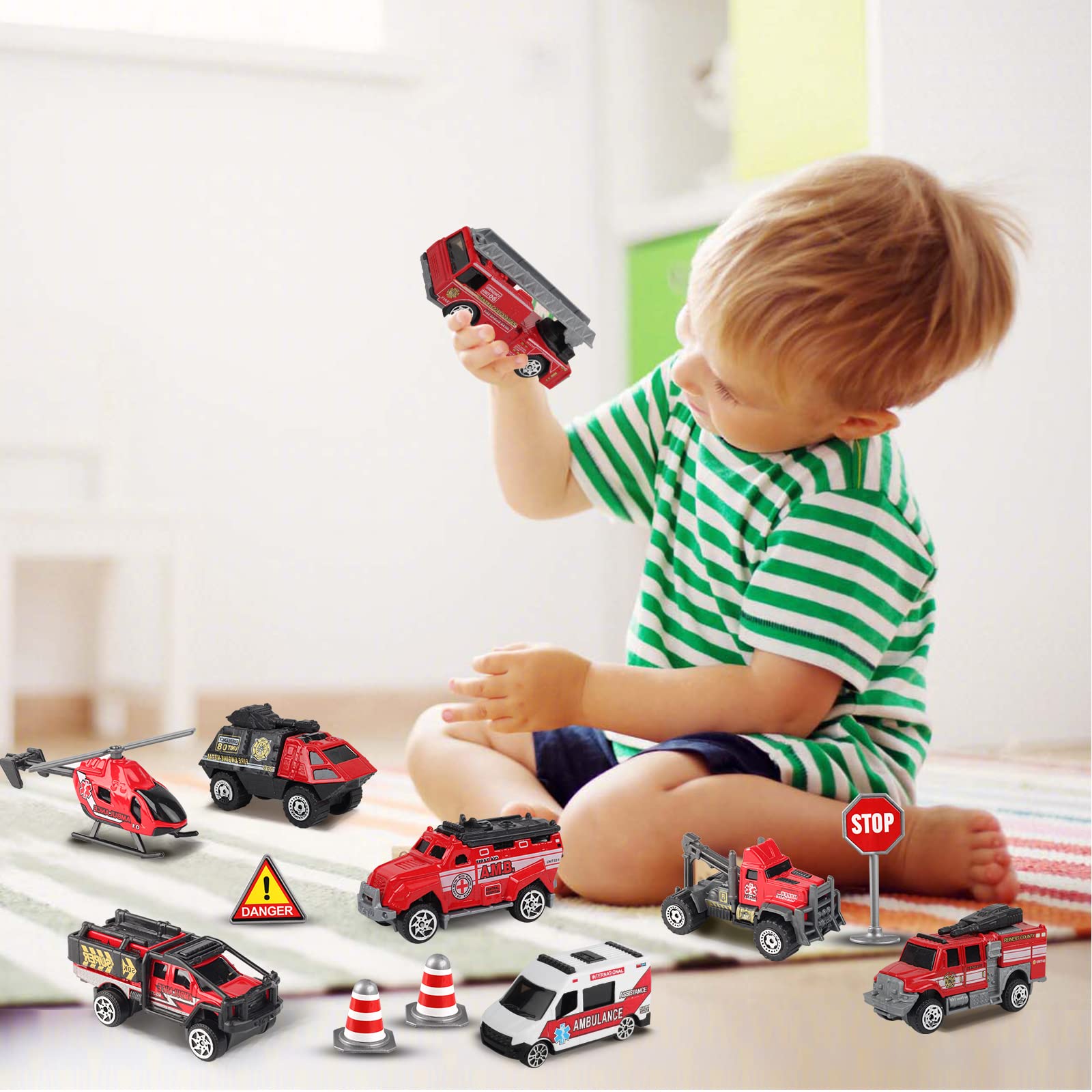 Oriate Fire Truck Vehicle Toys with Flatbed Trailer & Various Traffic Road Signs, Diecast Firetruck for 3 4 5 6 7 Year Old Boys - Ambulance, Helicopter, 24PCS Fire Rescue Theme Stickers