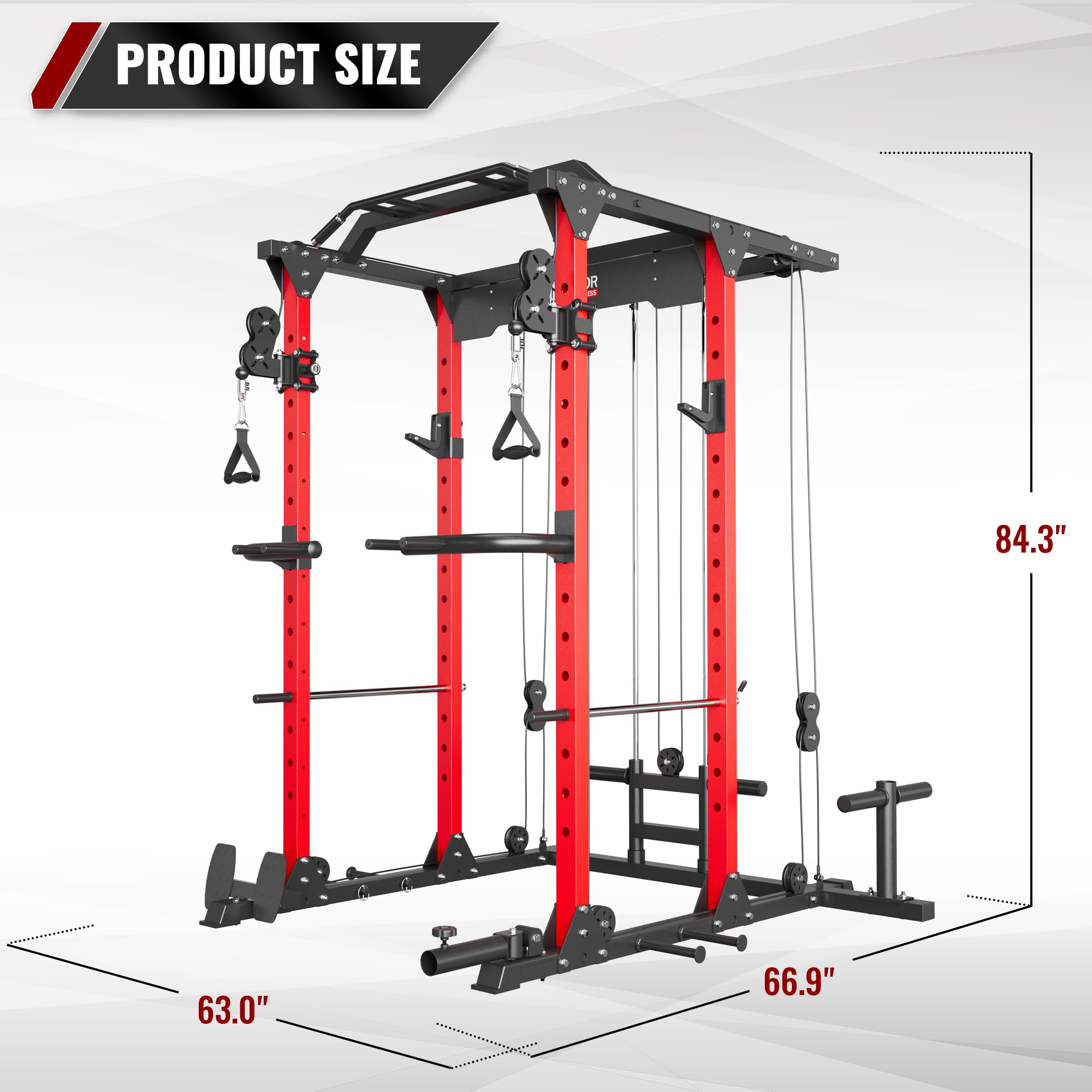 Major Fitness Power Cage, PLM03 All-in-One 1400lbs Multi-Function Power Rack with Adjustable Cable Crossover System and Exercise Machine Attachment(Red)