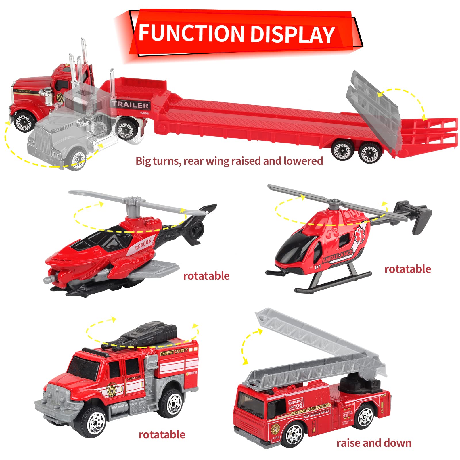 Oriate Fire Truck Vehicle Toys with Flatbed Trailer & Various Traffic Road Signs, Diecast Firetruck for 3 4 5 6 7 Year Old Boys - Ambulance, Helicopter, 24PCS Fire Rescue Theme Stickers