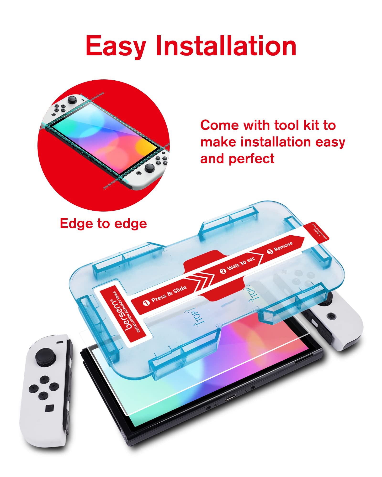 bersem 2 Pack Tempered Glass Screen Protector Compatible with Nintendo Switch OLED 7 inch 2021, Auto Alignment Kit / 9H Hardness/Transparent HD Clear/Anti-Scratch/Bubbles Free/High Response