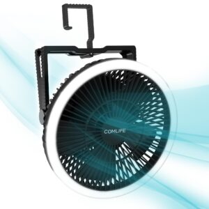 camping fan with led lantern, 8-inch portable camping fan, 10000mah rechargeable battery operated tent fan, 3 speeds table fan with light & hook for camping rv travel jobsite hurricane power outage