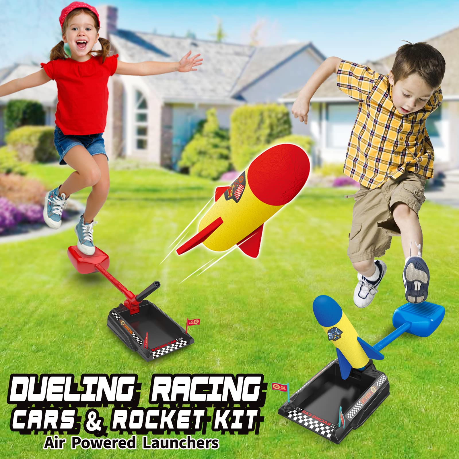 Springflower 2 in 1 Car and Rocket Dueling Launch Toys for Kids, 2 Launcher with 2 Air Powered Cars and 6 Rockets,Fun Outdoor Toy,STEM Gift for Boys & Girls Age 3, 4, 5, 6, 7, 8+ Years Old